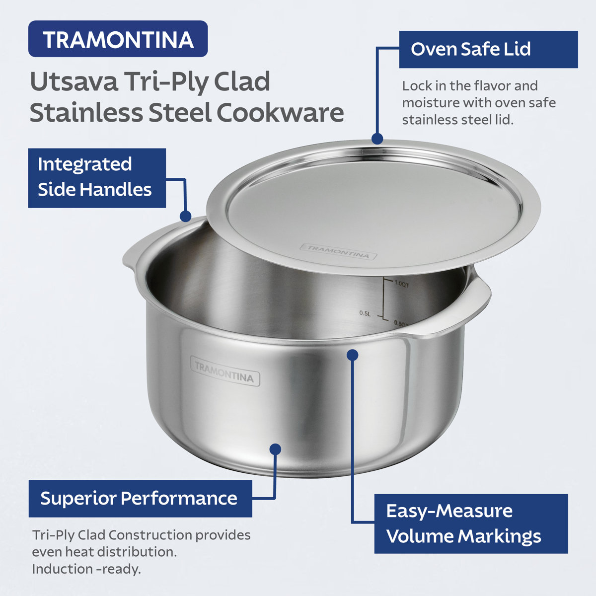 Tramontina Utsava Tri-Ply Clad Stainless Steel Tope with Lid, Patila Pot for Indian Cooking ...